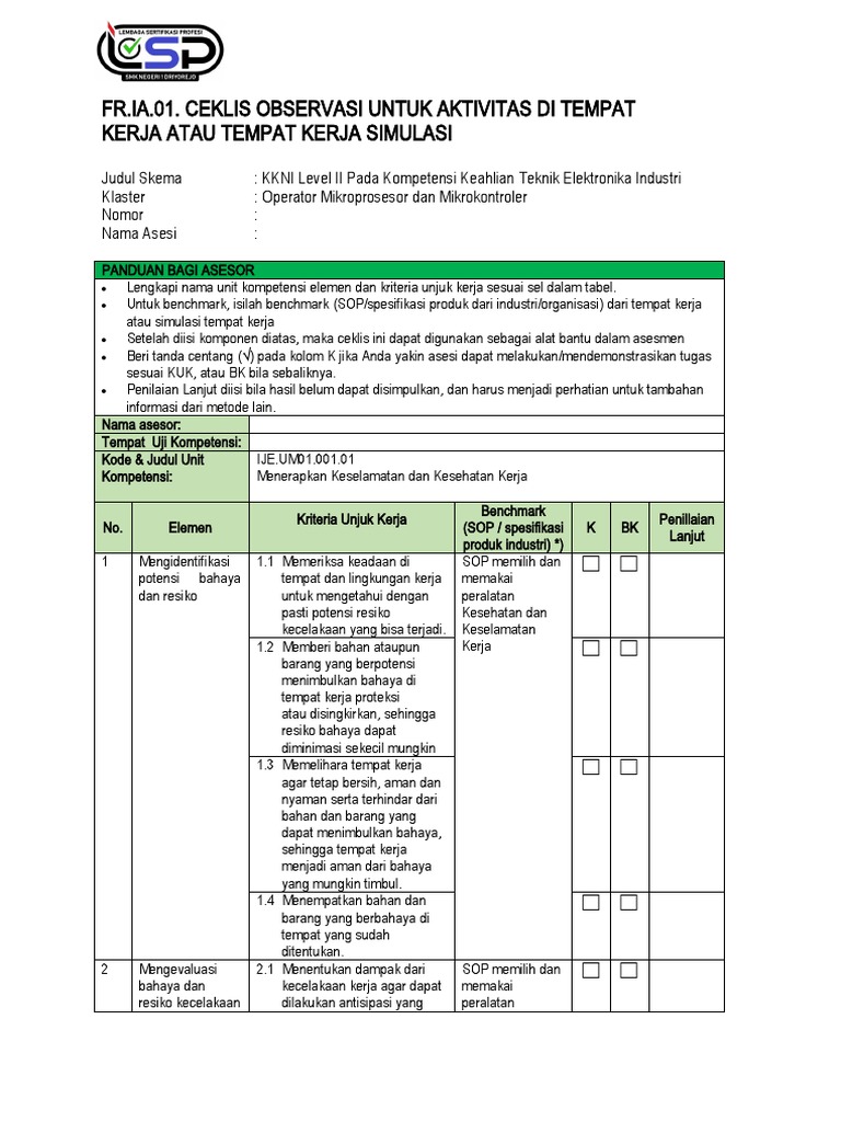 Ceklis Observasi K3 dan Teknik Elektronika | PDF