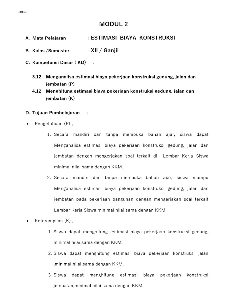 MODUL Menganalisa Estimasi Biaya Pekerjaan Konstruksi Gedung, Jalan Dan ...