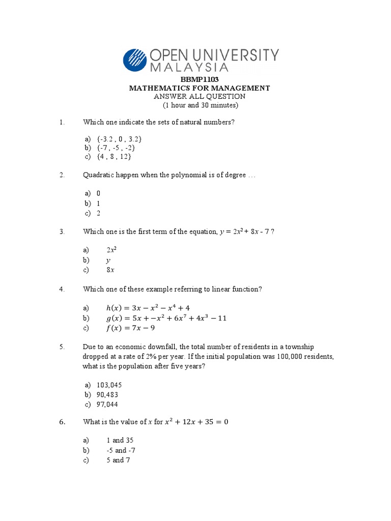 BBMP1103 Mathematics for Management Answers | PDF | Interest | Present ...