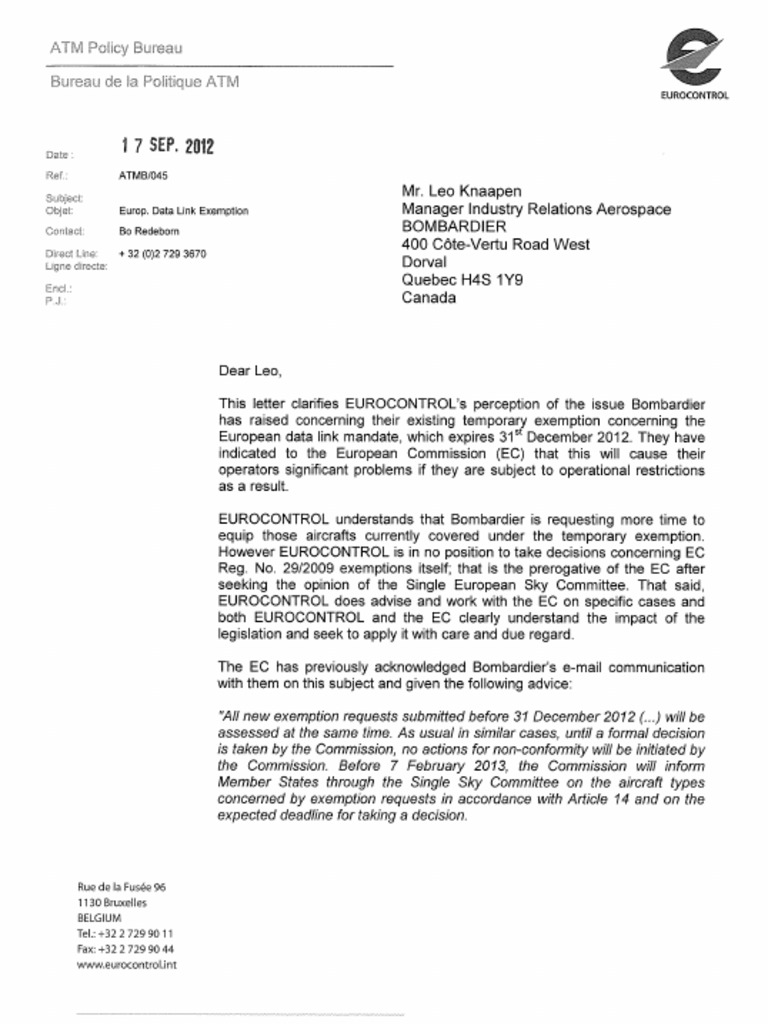 Eurocontrol Letter Sept17 2012 | PDF