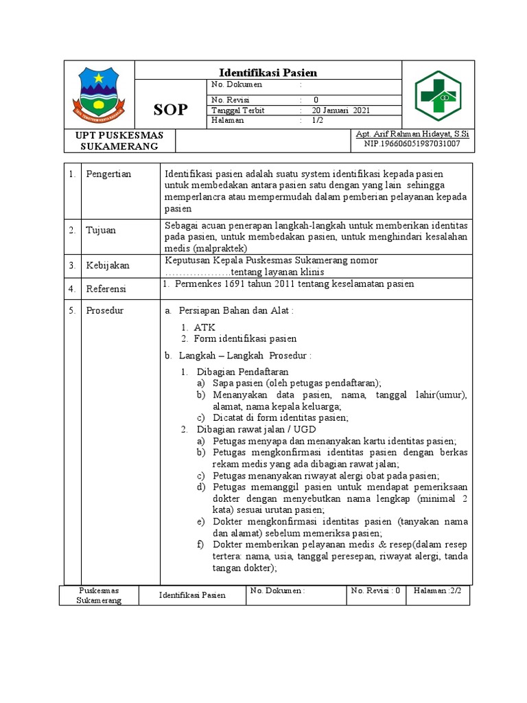 SOP Identifikasi Pasien | PDF