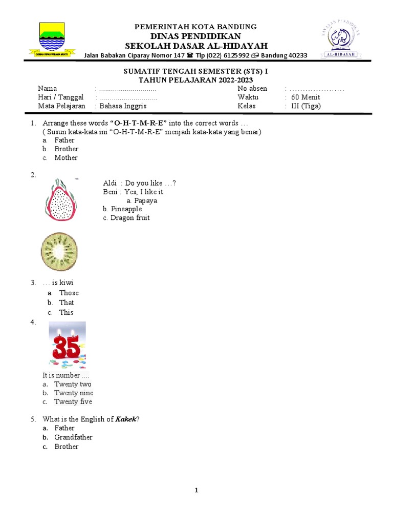 Pts Ganjil Bahasa Inggris Kls 3 2022 | PDF