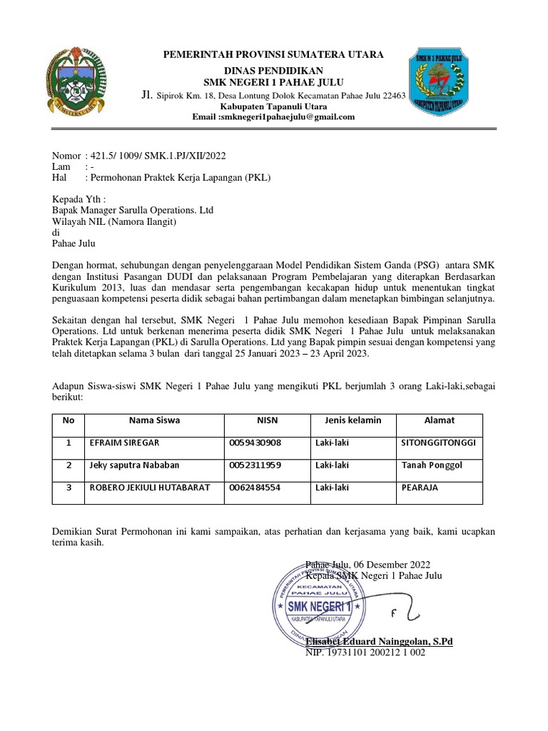 Surat Permohonsn PKL NIL | PDF