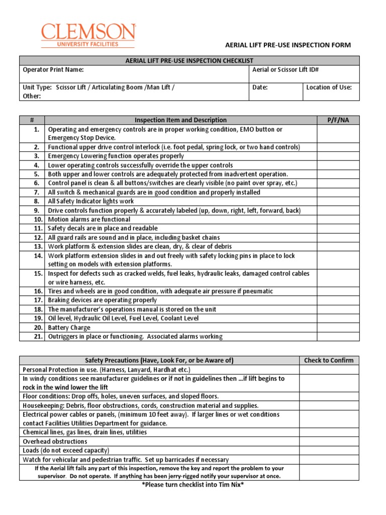 Aerial Lift Pre-Use Inspection Checklist | PDF | Elevator ...
