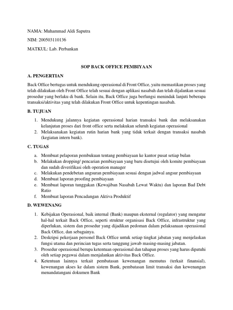 Prosedur Back Office Pembiayaan Bank | PDF | Pengelolaan Keuangan ...