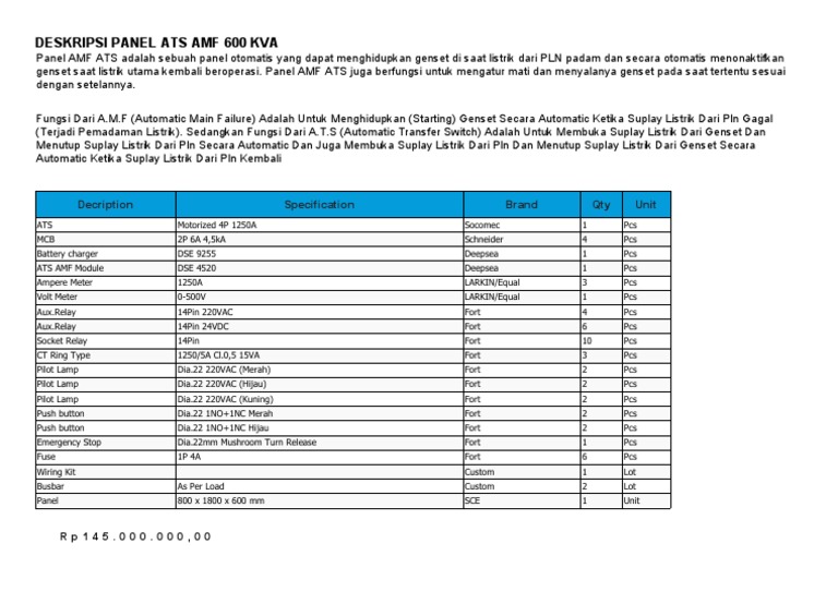 Deskripsi Panel Ats Amf 600 Kva | PDF