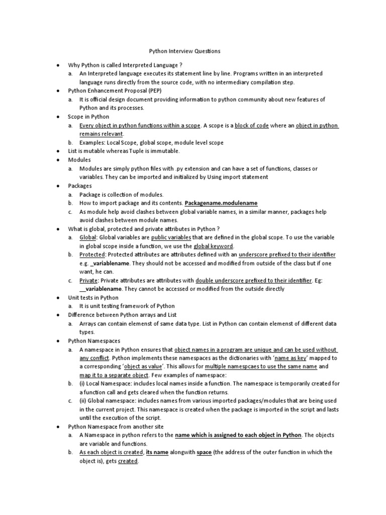 Python Interview Questions Pdf Scope Computer Science Namespace