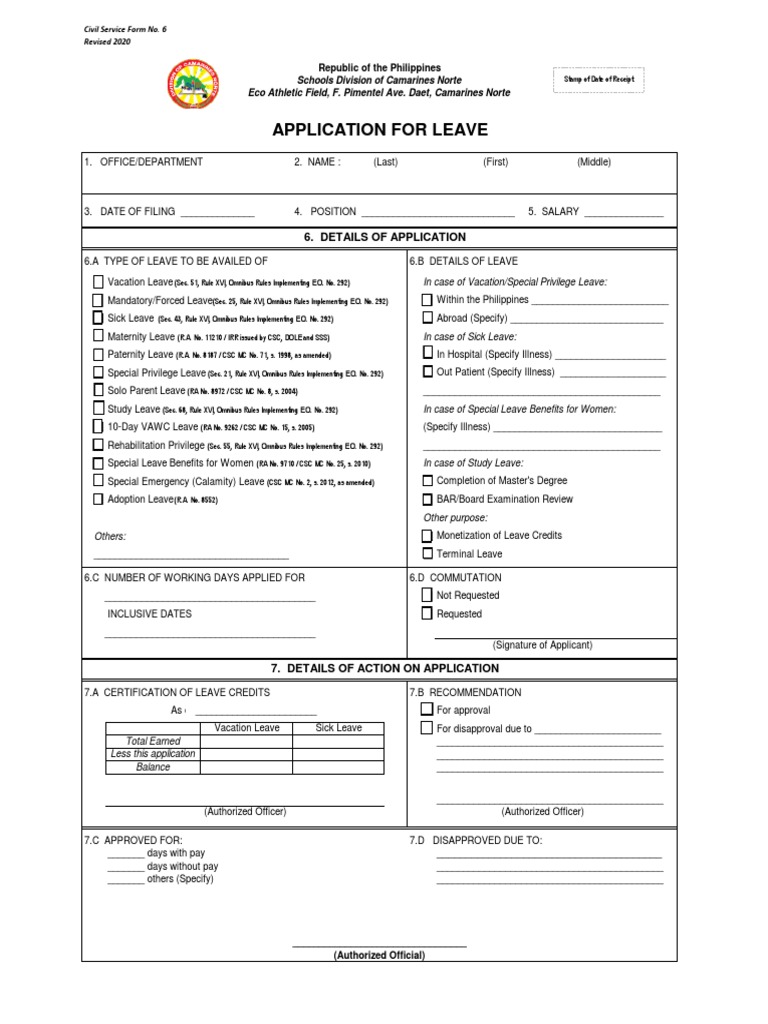 CS Form No. 6 Revised 2020 Application For Leave Fillable Final2021 ... CS Form No. 6 Revised 2020 Application For Leave Fillable Final2021 ...