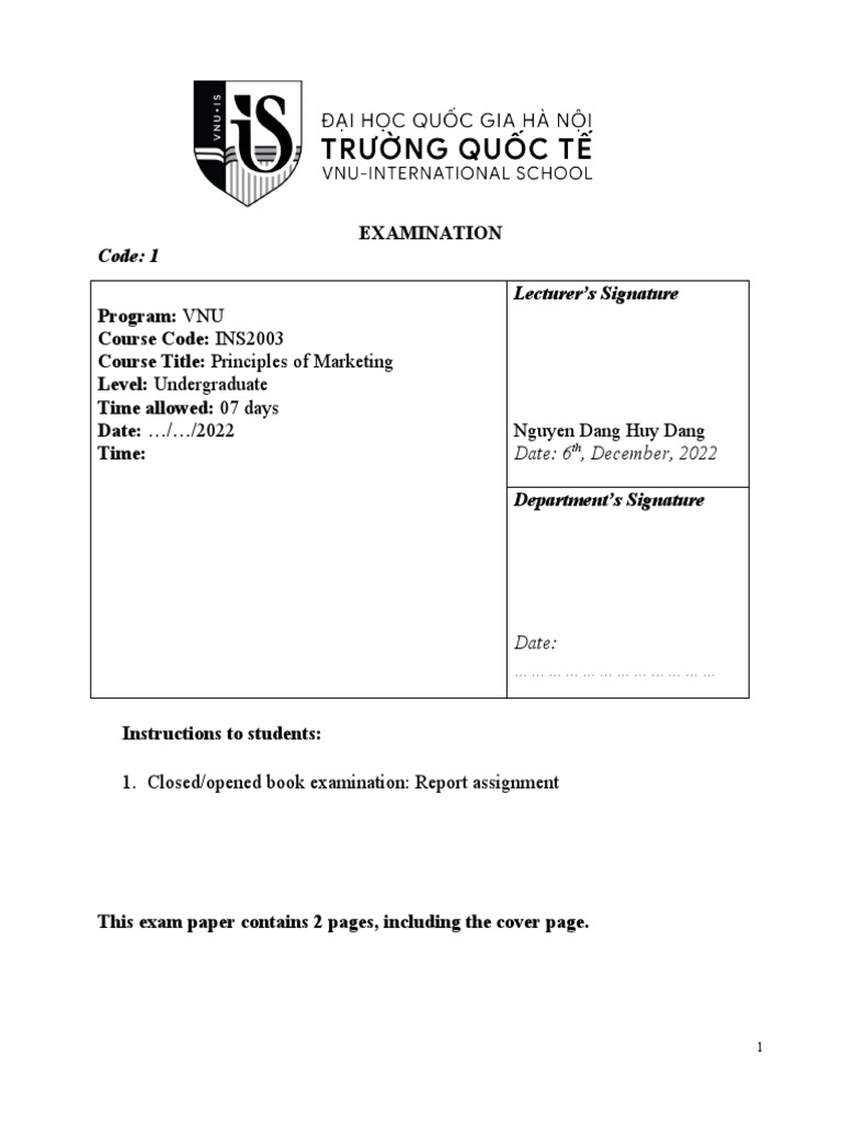 Exam Cover Page Principle Marketing Semester 1 2022-2023 | PDF