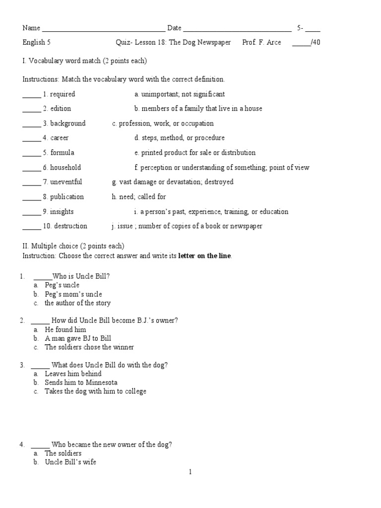 Quiz - The Dog Newspaper - Read Comp | PDF | Language Arts & Discipline