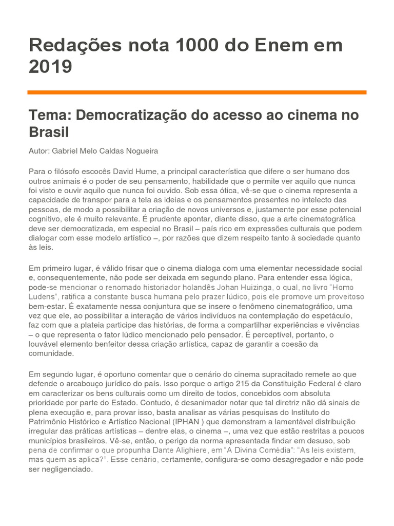Redações Nota 1000 Do Enem em 2019: Tema: Democratização Do Acesso Ao ...