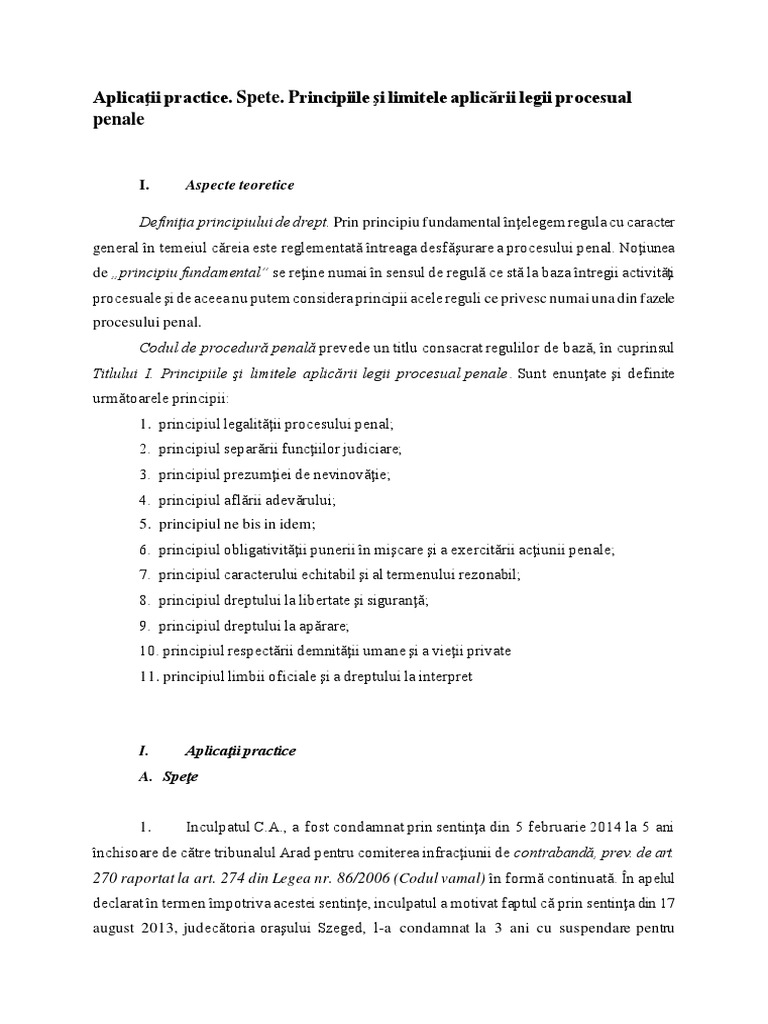 Aplicaţii Practice. Spete. Principiile Şi Limitele Aplicării Legii ...