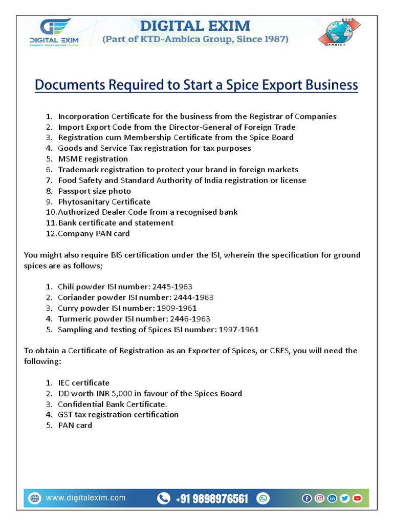 Documents Required To Start A Spice Export Business | PDF