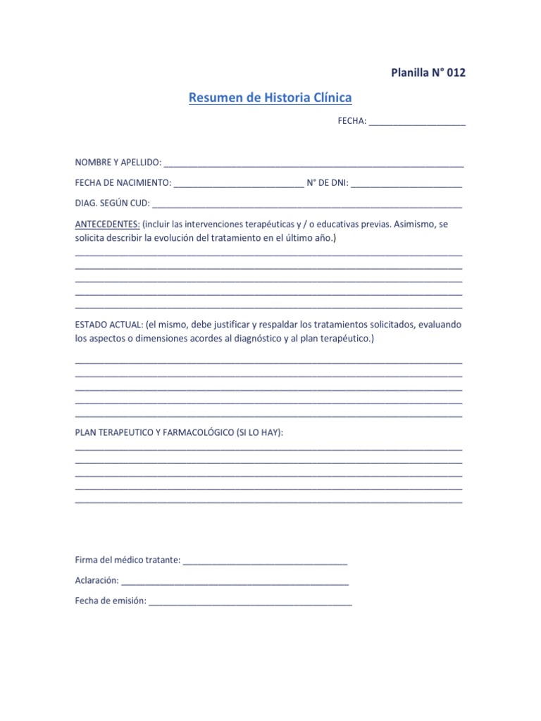 Planilla 012 - Resumen de Historia Cl+Nica PDF | PDF