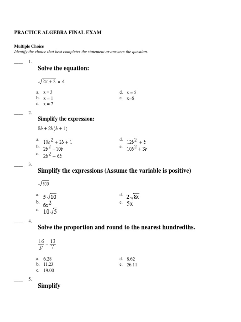 Practice Algebra Final Exam Multiple Choice | PDF | Mode (Statistics ...