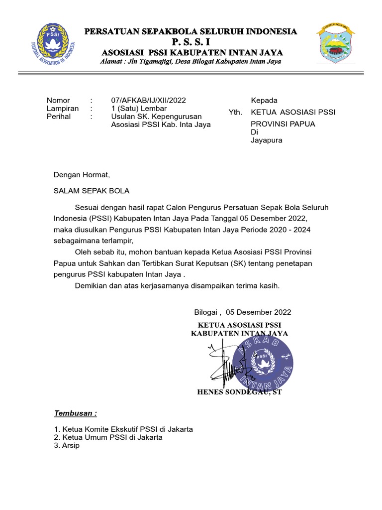 SK Dan Surat Susunan Pengurus Intan Jaya | PDF