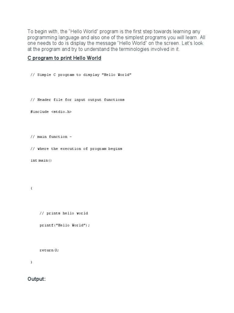 Simple C Program To Display "Hello World" | PDF