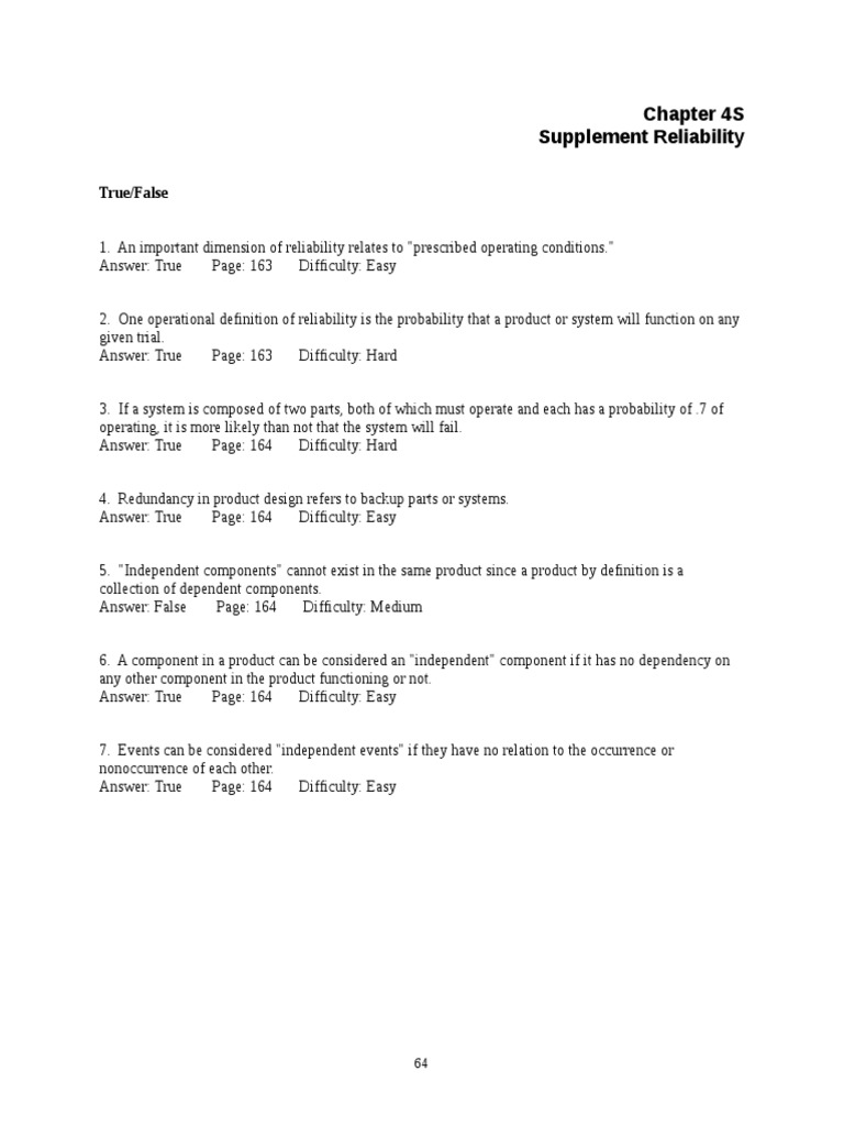 Chapter 4S Supplement Reliability: True/False | PDF | Reliability Engineering | Systems Engineering