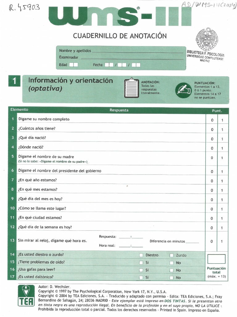 Ficha de Respuestas Test Weschler | PDF