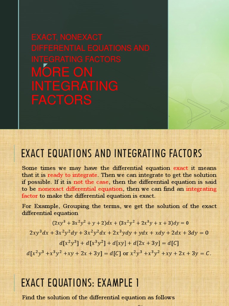 Math 215 Differential Equations I Exact, Nonexact and More On ...