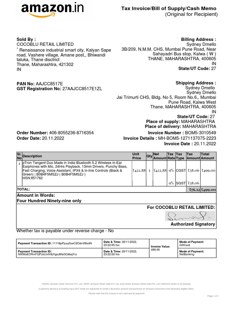PTron Tangent Duo Neckband (Amazon) Invoice | PDF | Invoice | Payments
