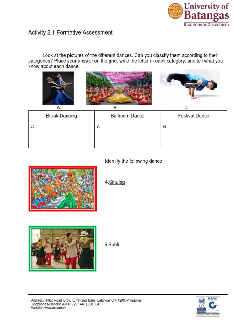 Dance Classification Formative Assessment | PDF | Sports & Recreation ...
