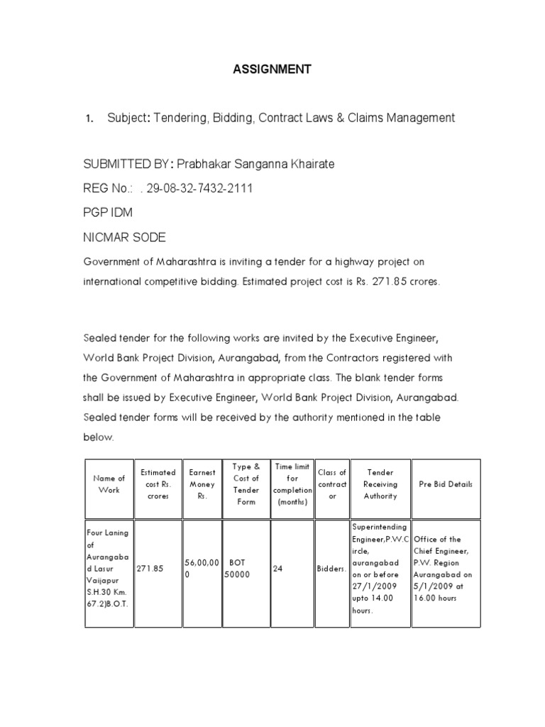 Assignment - Tendering Bidding and Contracting | PDF | Procurement ...