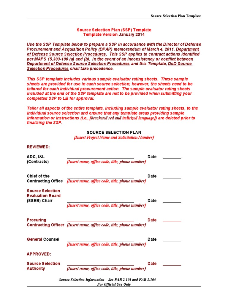 Source Selection Plan Template Pdf Business