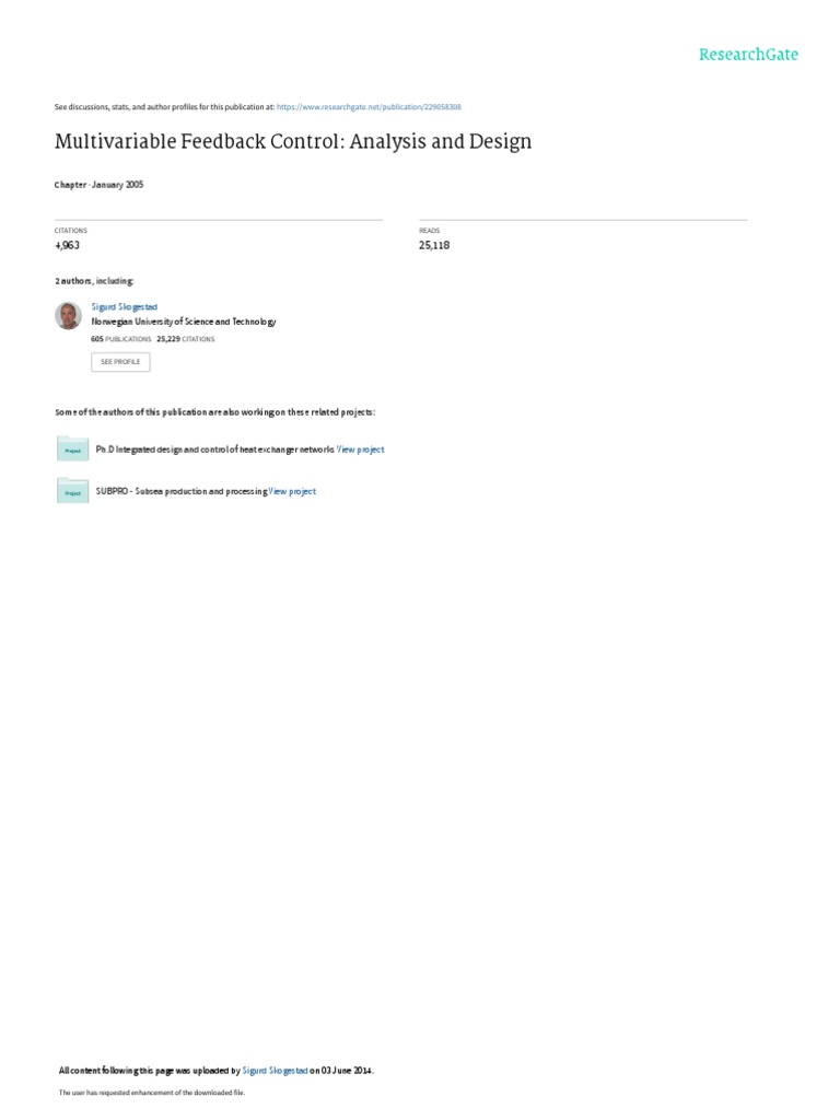 Multivariable Feedback Control Analysis and Design | PDF | Control Theory | Design