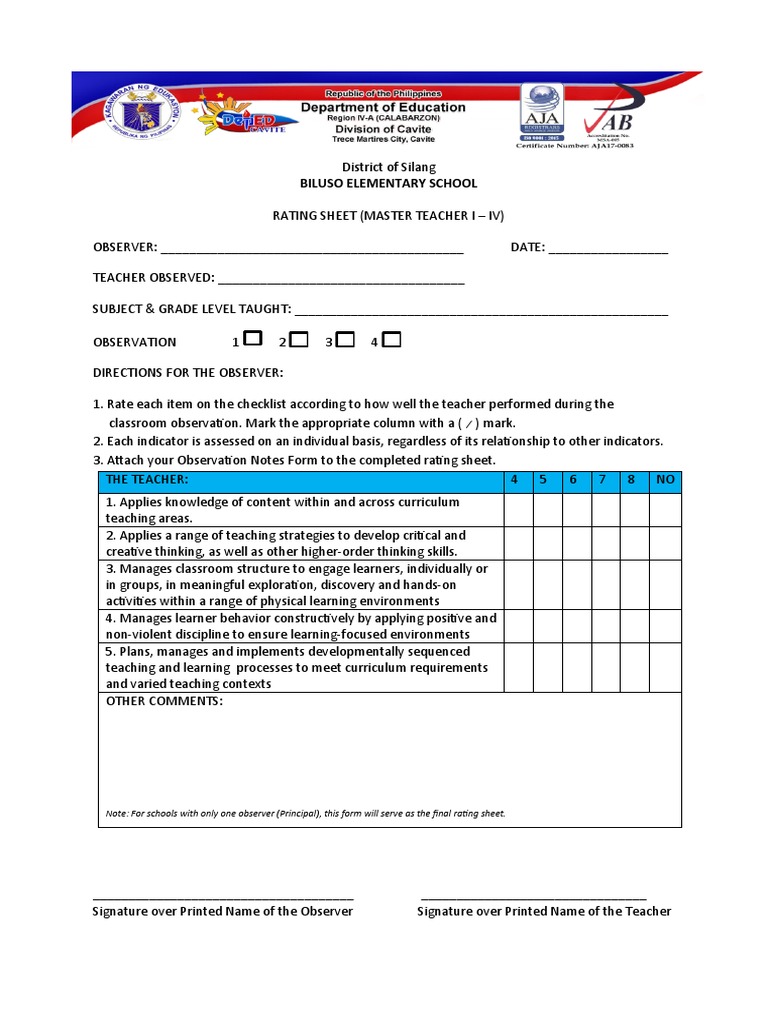 Rating Sheet Master Teacher I IV | PDF
