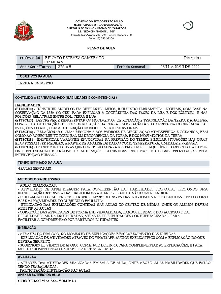 Plano de Aula Ciencias 8 Ano 2811 A 0212 | PDF | Terra | Lua