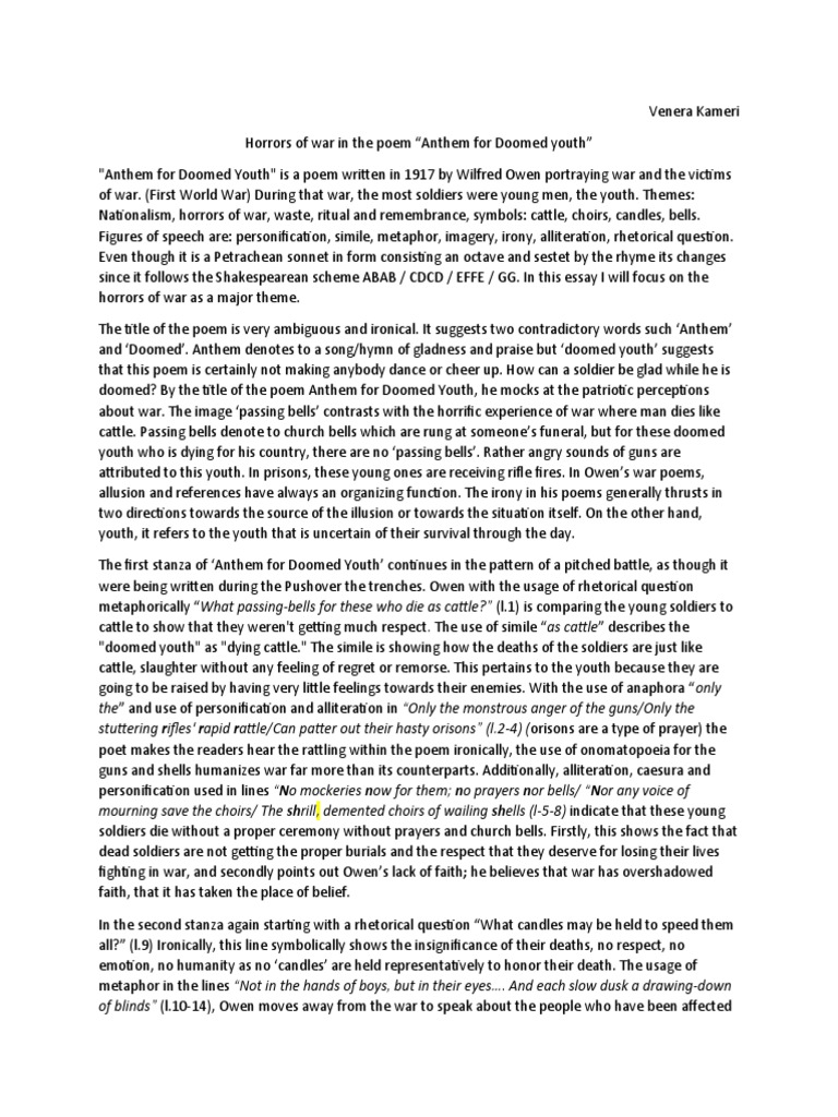 Essay - DONE - Owen - Anthem For Dommed Youth | PDF | Poetry