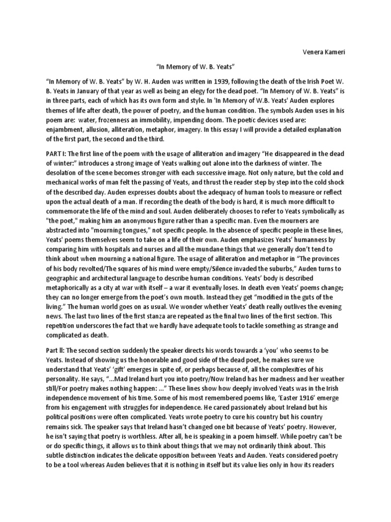 Essay - Auden - in Memory of W.B Yeats | PDF | Poetry | W. B. Yeats