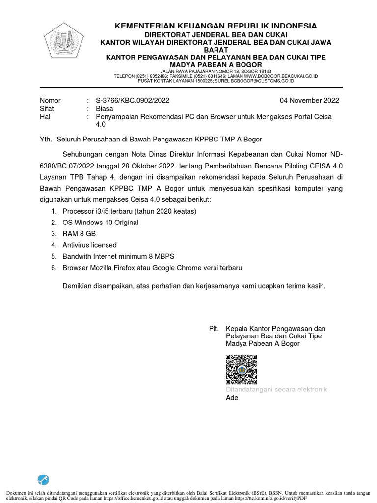 Surat Rekomendasi PC Untuk Akses Ceisa 4.0 | PDF