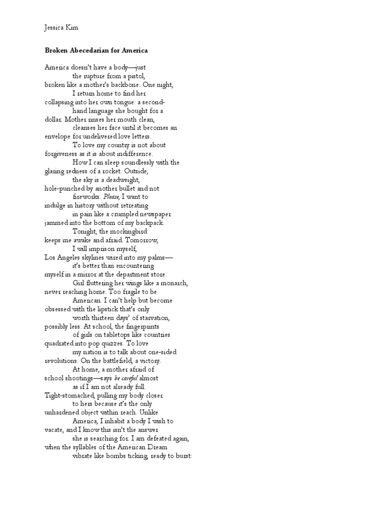 Poetry 2nd - Kim, Jessica - Broken Abecedarian For America - Ghazal For K - Fish-Bodied | PDF