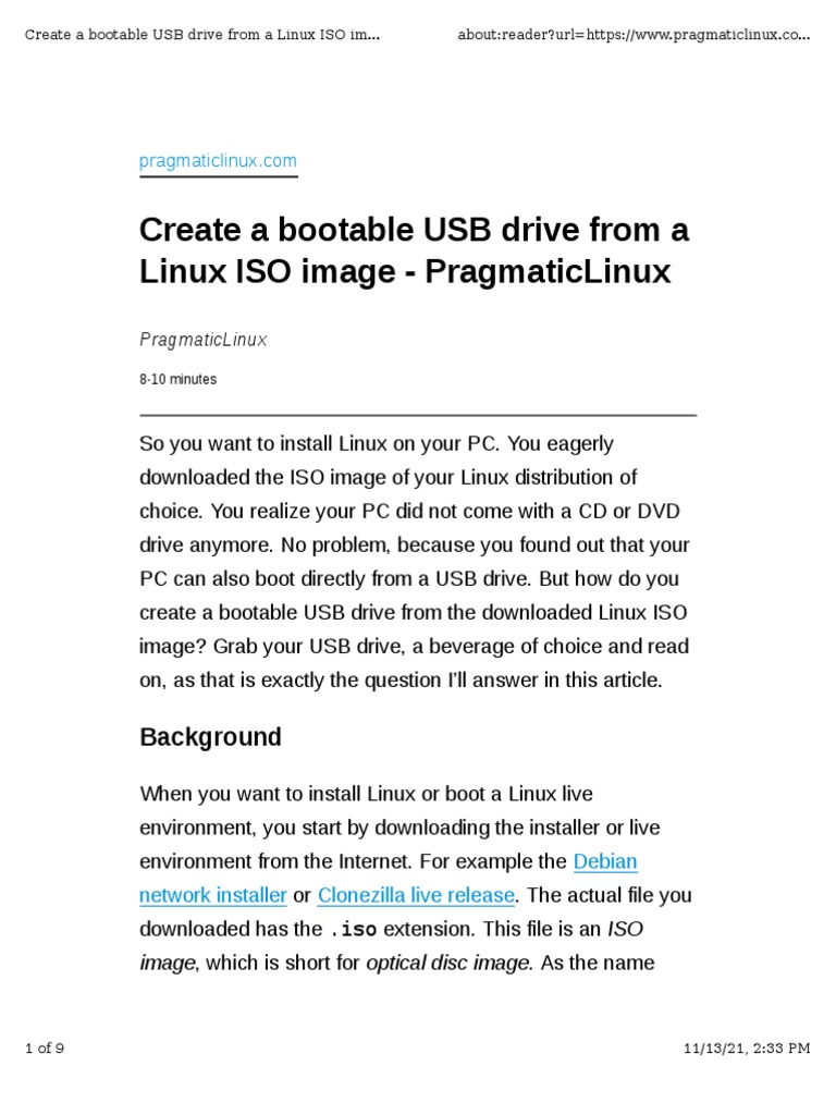 Create A Bootable USB Drive From A Linux ISO Image - PragmaticLinux ... Create A Bootable USB Drive From A Linux ISO Image - PragmaticLinux ...