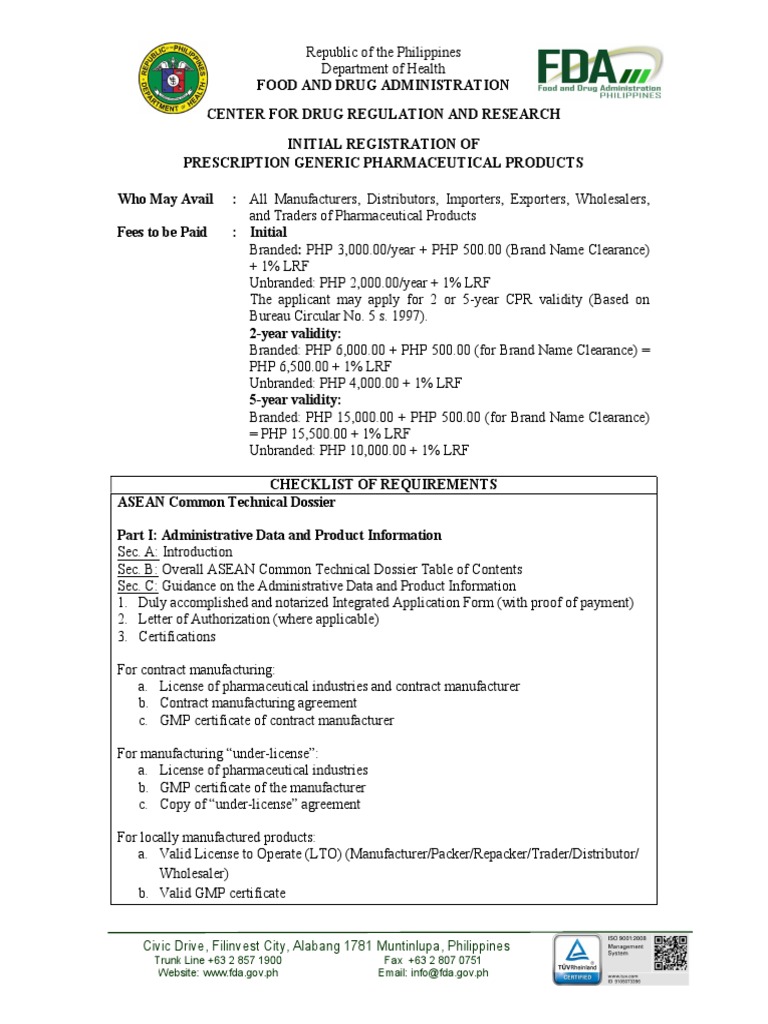 Initial Registration for Generic Drugs | PDF | Specification (Technical ...