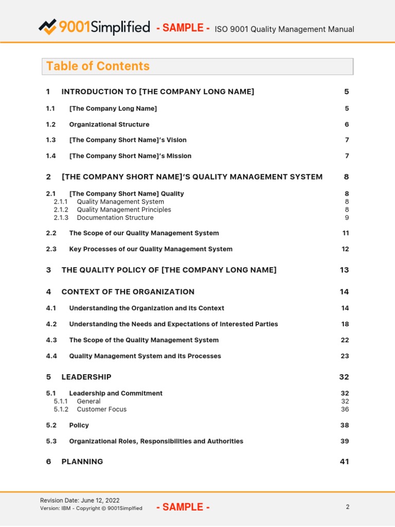 Sample Quality Management Manual TOC-Standard | PDF | Quality ...