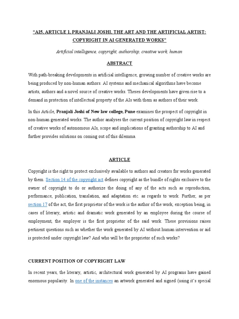 The Art and The Artificial Artist, Copyright in Ai Generated Works ...