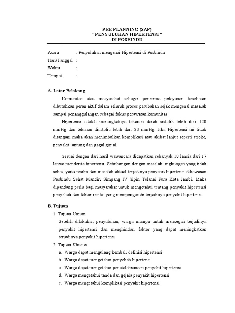 Pre Planning Sap Penyuluhan Hipertensi | PDF