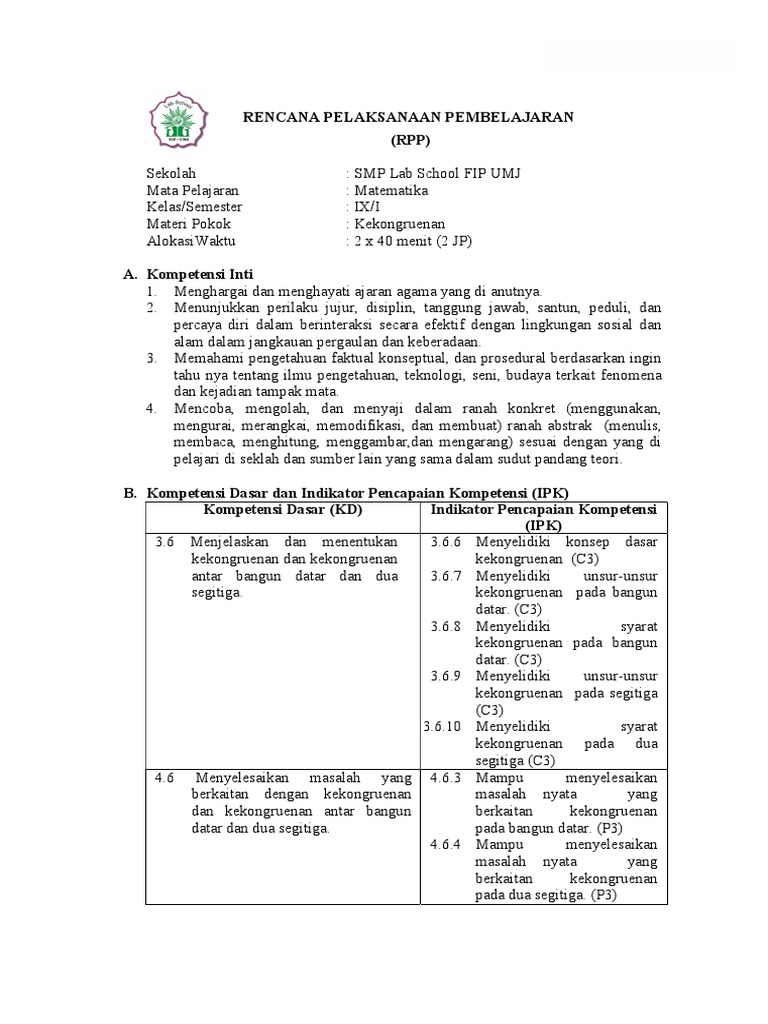RPP Matematika SMP: Kekongruenan | PDF