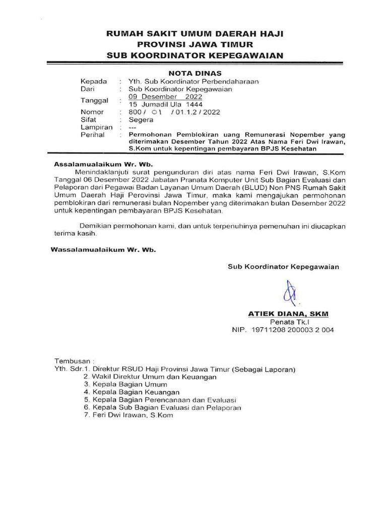Nota Dinas Permohonan Pemblokiran Uang Remunerasi Feri Dwi Irawan 12 Desember 2022 | PDF