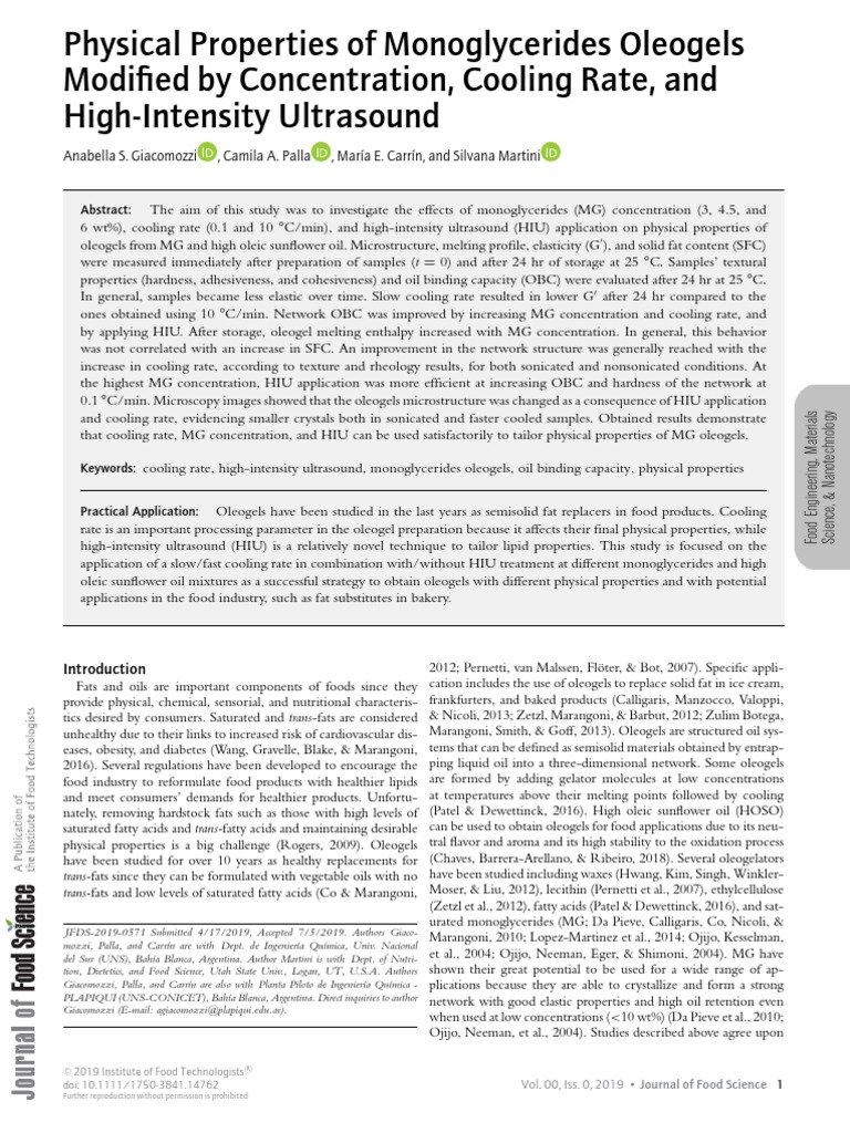 Giacomozzi 2019 - Physical Properties of Monoglycerides Oleogels ...