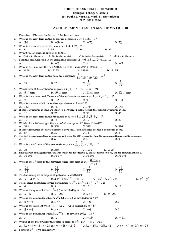 Grade 10 Mathematics Achievement Test | PDF | Angle | Circle