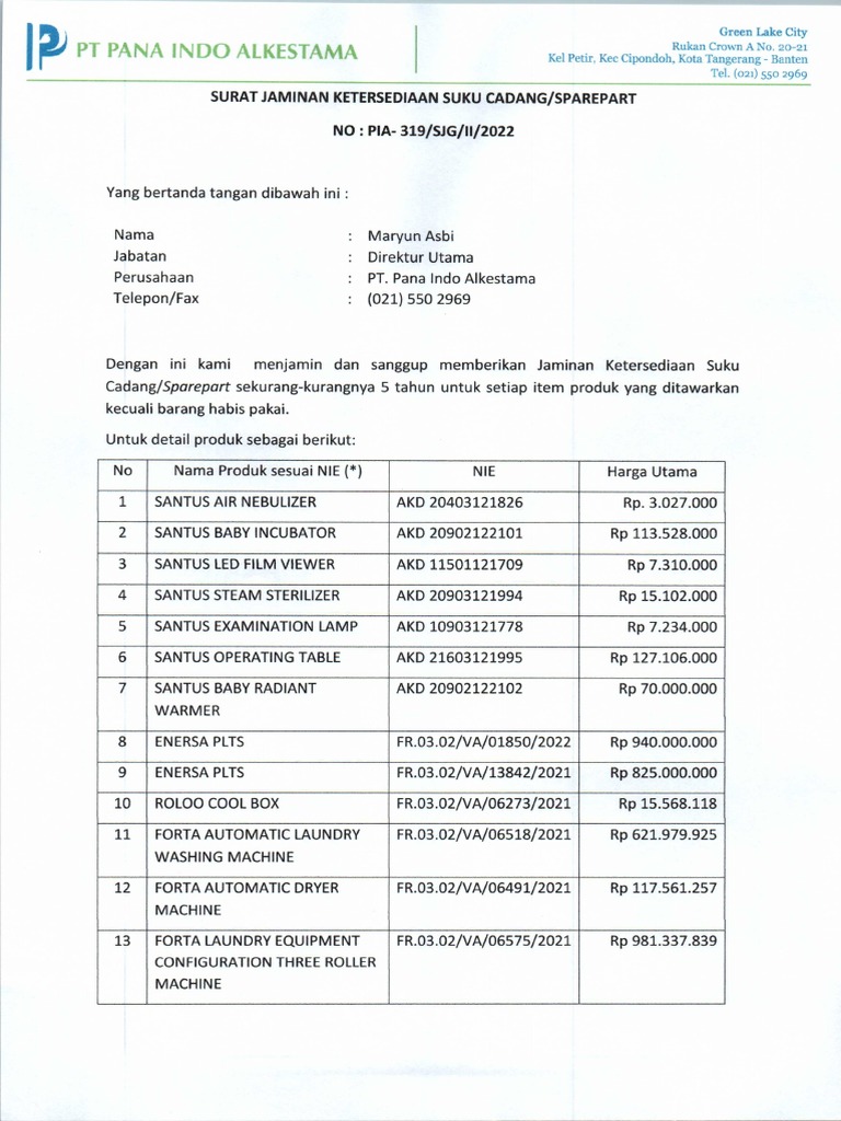 Surat Jaminan Ketersediaan Suku Cadang - Sparepart | PDF