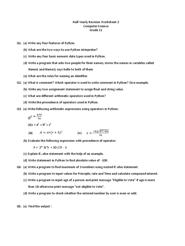 Half-Yearly Revision Worksheet-2 | PDF