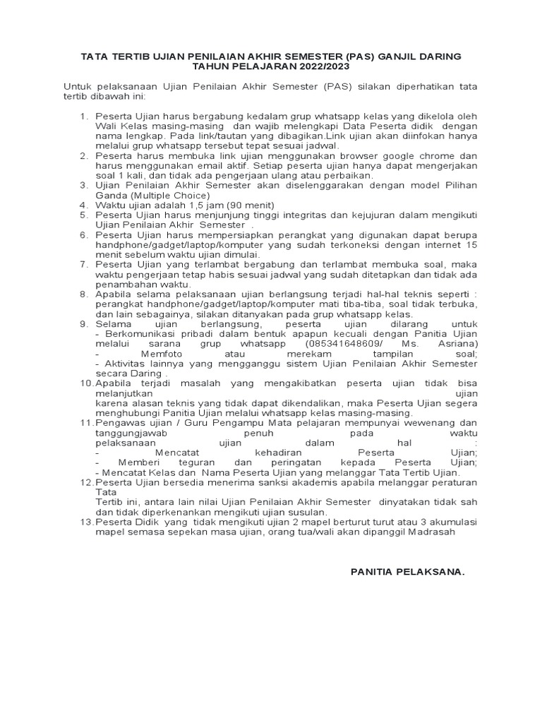 Tata Tertib Ujian Penilaian Akhir Semester | PDF