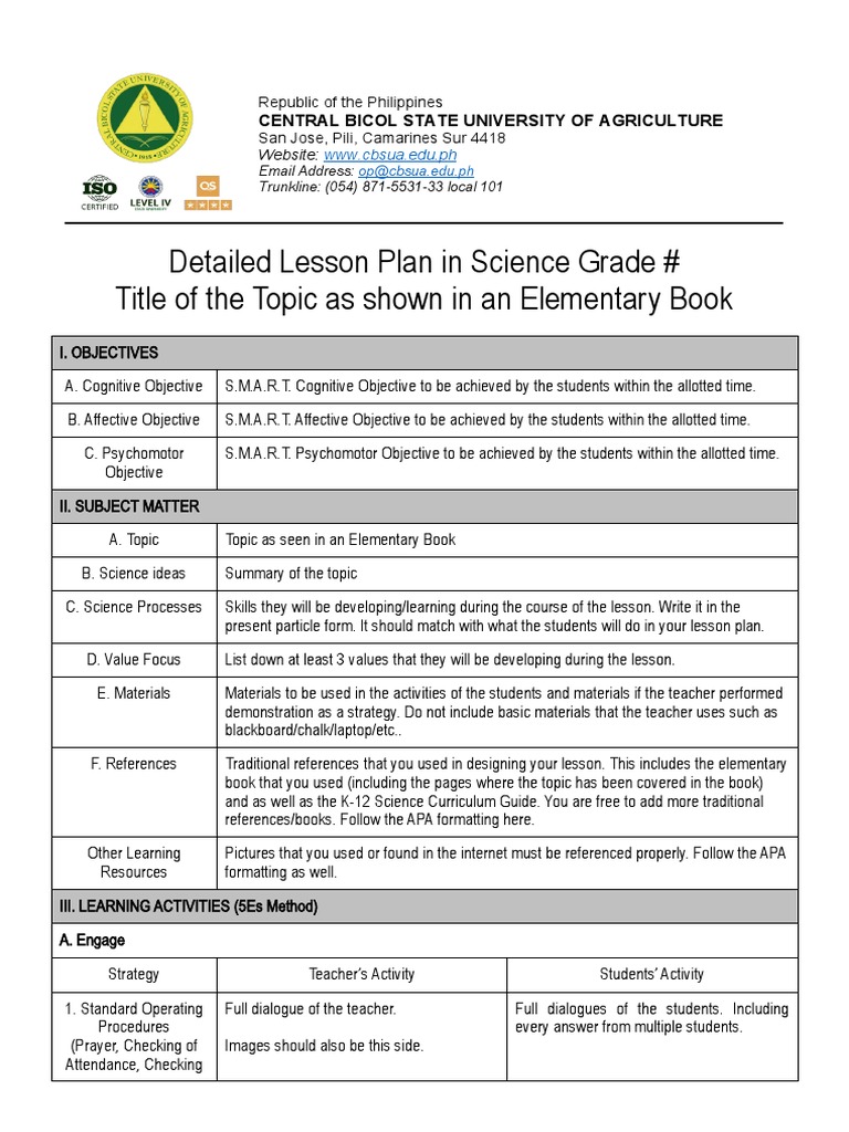 Detailed Science Lesson Plan Template | PDF | Teachers | Lesson Plan
