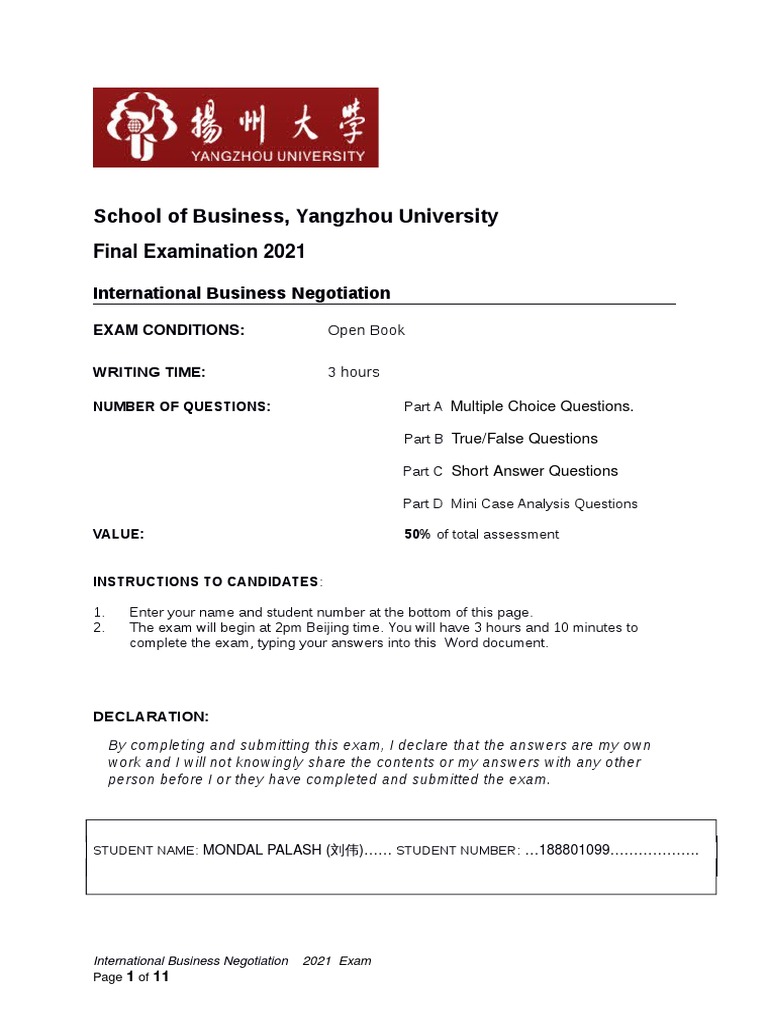 2021 IB Exam Paper Mondal Palash 188801099 | PDF | Negotiation ...