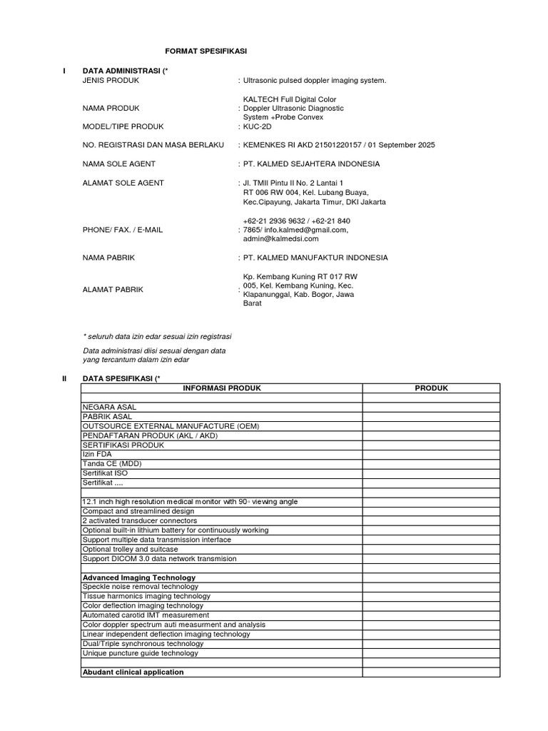 Spesifikasi KALTECH KUC-2D + Probe Convex | PDF | Medical Ultrasound ...